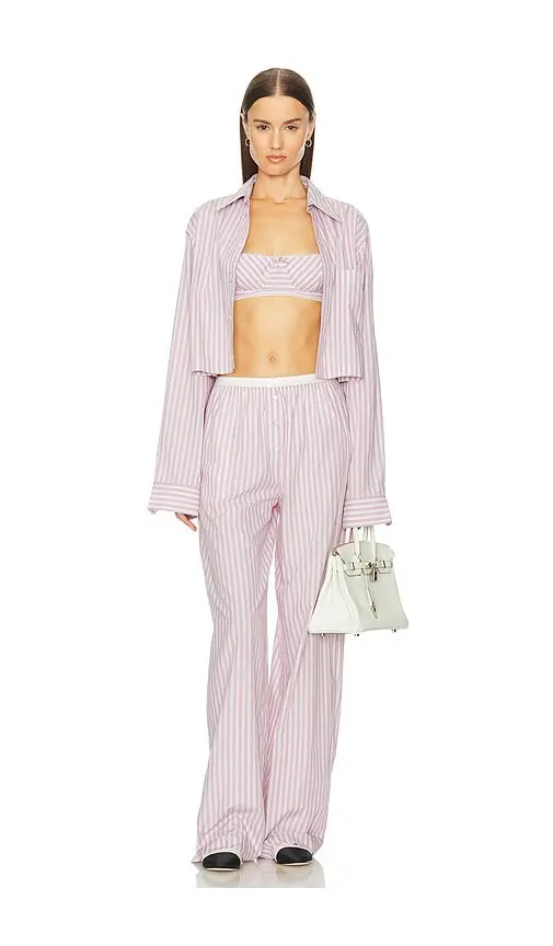 HELSA Wide Stripe Poplin Bra In Mauve - Mauve Stripe