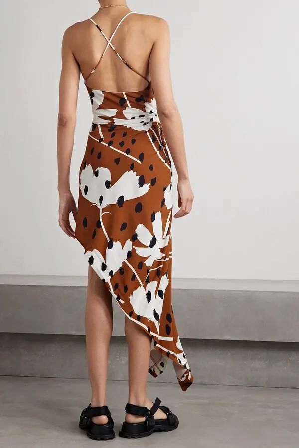 Monse Asymmetric Draped Printed Midi Dress In Brown - 85% Off | Editorialist