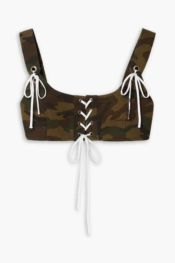 Monse Laceup Printed Camouflageprint Cottontwill Bralette - Army Green