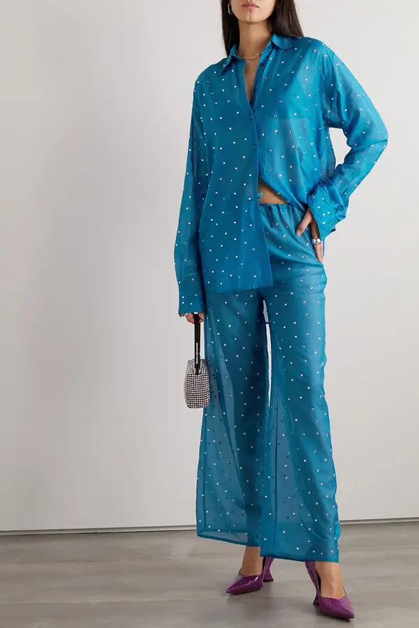 Oseree Gem Crystal-embellished Cotton And Silk-blend Straight-leg Pants