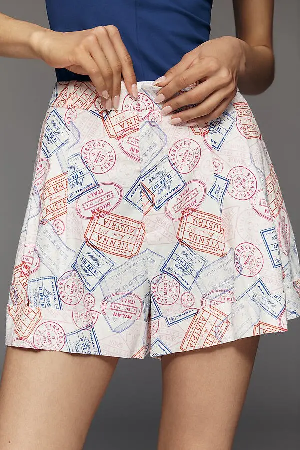 Maeve Avery Linen Stretch Cuffed Shorts - Ivory Pattern