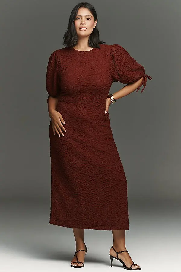 English Factory Short-sleeve Textured Midi Dress - Burgundy