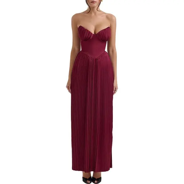 House Of Cb Marcella Strapless Pleated Georgette Gown - Cabernet