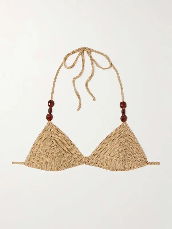 Magda Butrym Bead-embellished Crocheted Bikini Top - Sand