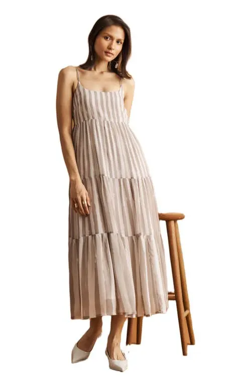 Reistor Strappy Tiered Maxi Dress - Beige Striped Down | Editorialist