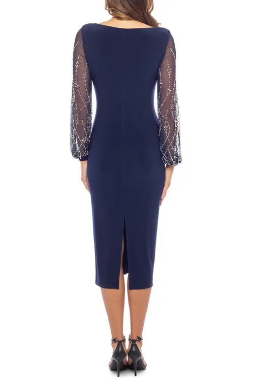 Marina B Ruched Long Sleeve Midi Cocktail Dress - Navy | Editorialist