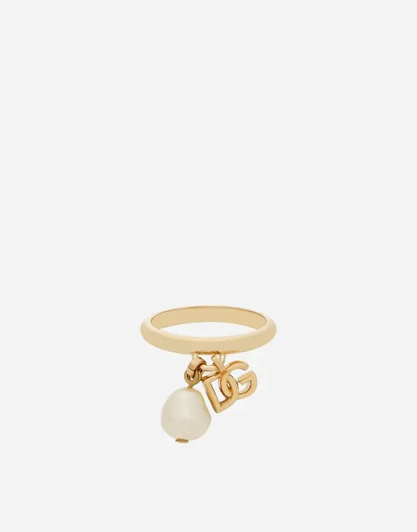 Dolce & Gabbana Ring With Dg Logo And Pearl Charm - Gold