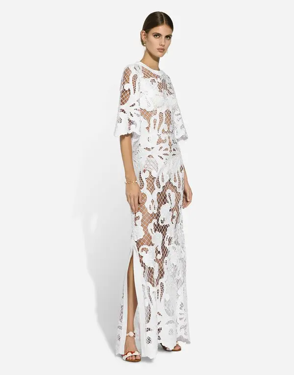 Dolce & Gabbana Long Dress With Openwork Embroidery - White