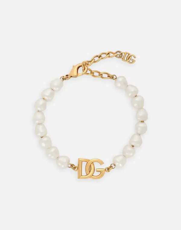 Dolce & Gabbana Link Bracelet With Pearls And Dg Logo - Gold