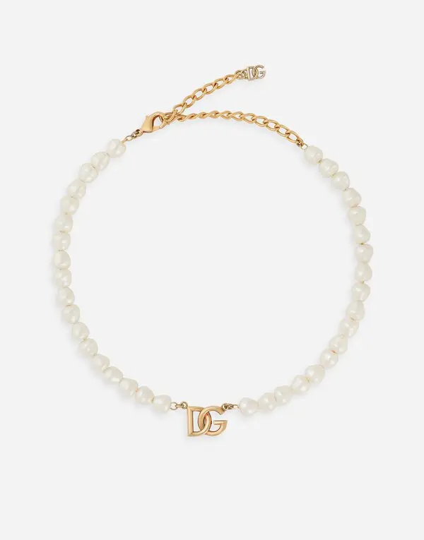 Dolce & Gabbana Link Necklace With Pearls And Dg Logo - Gold