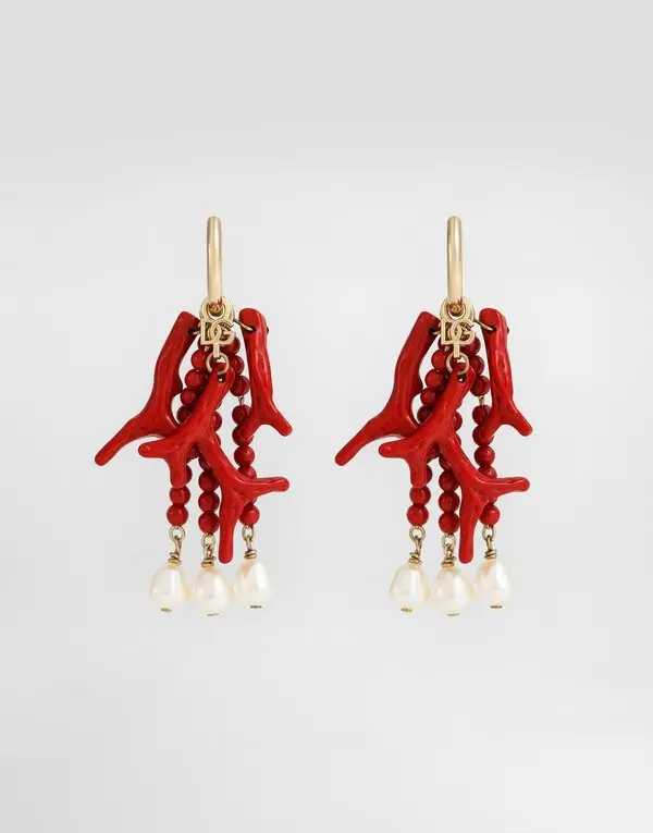 Dolce & Gabbana Creole Earrings With Horn, Coral And Pearls - Gold