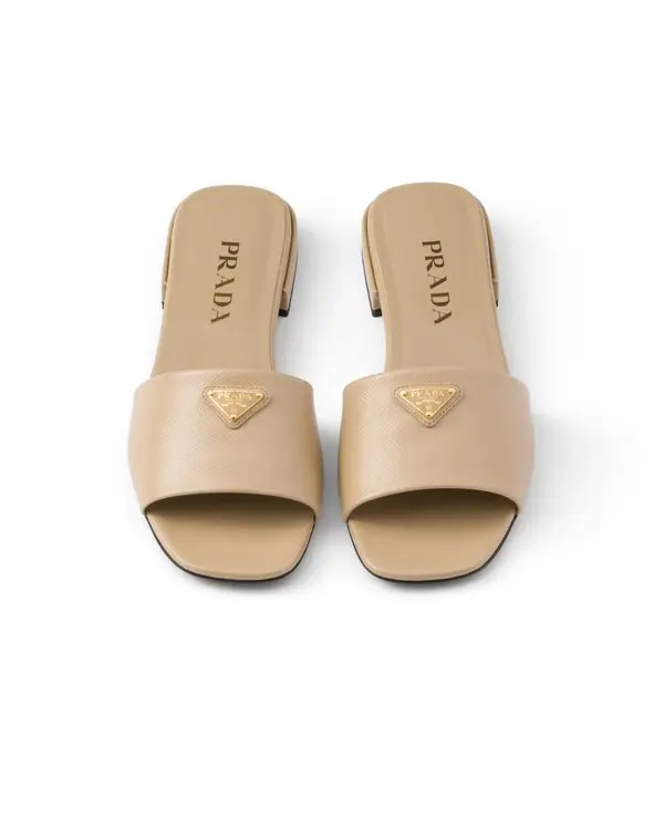 Prada Saffiano Patent Leather Slides - Neutral