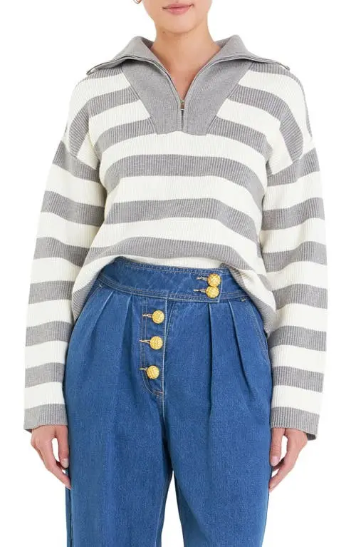 English Factory Stripe Half Zip Crop Sweater