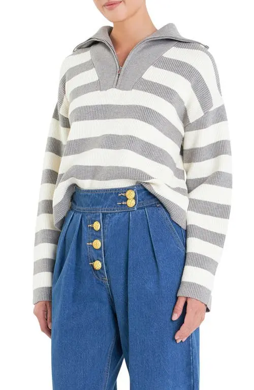 English Factory Stripe Half Zip Crop Sweater