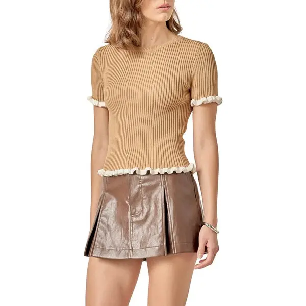English Factory Ruffle Trim Ribbed Sweater - Camel