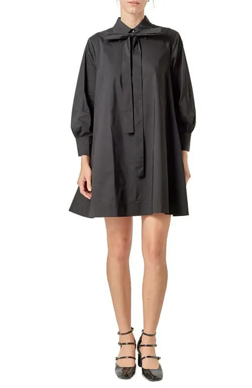 English Factory Bow Long Sleeve Shirt Dress - Black