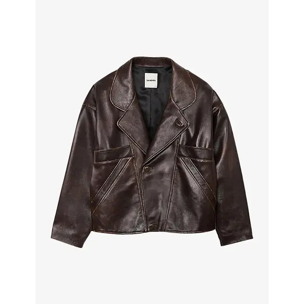 Sandro Oversized-collar Relaxed-fit Leather Jacket - Bruns