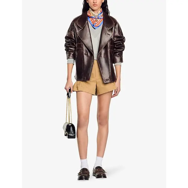 Sandro Oversized-collar Relaxed-fit Leather Jacket - Bruns