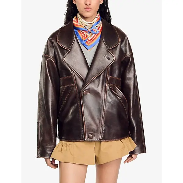 Sandro Oversized-collar Relaxed-fit Leather Jacket - Bruns