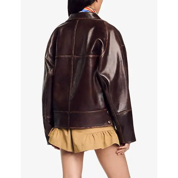 Sandro Oversized-collar Relaxed-fit Leather Jacket - Bruns