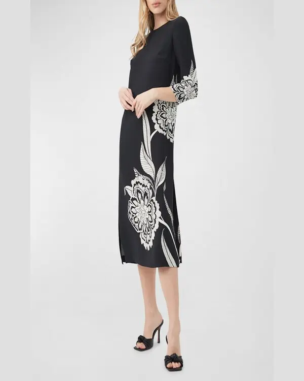 Trina Turk Floral-Print Midi Dress Black/Savanna Sand Editorialist