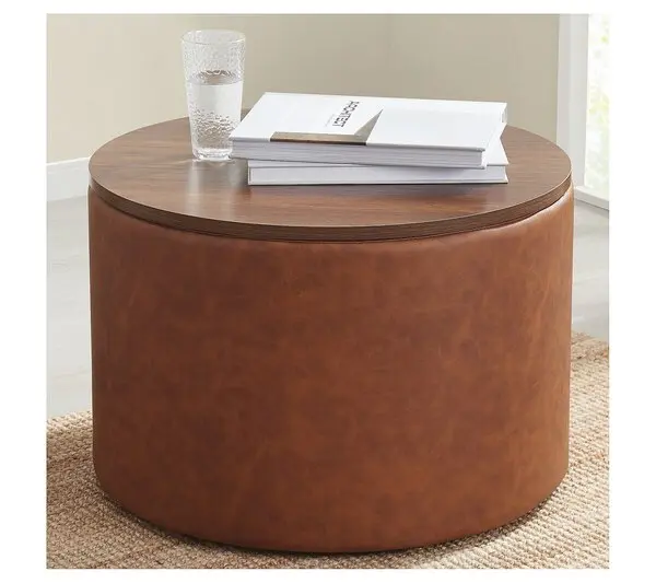 ORNAVO HOME Ornavo Large Round Coffee Table Faux Leather St Orage Ottoman - One-color