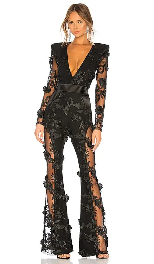 ZHIVAGO Embroidered Rosette Jumpsuit - Black