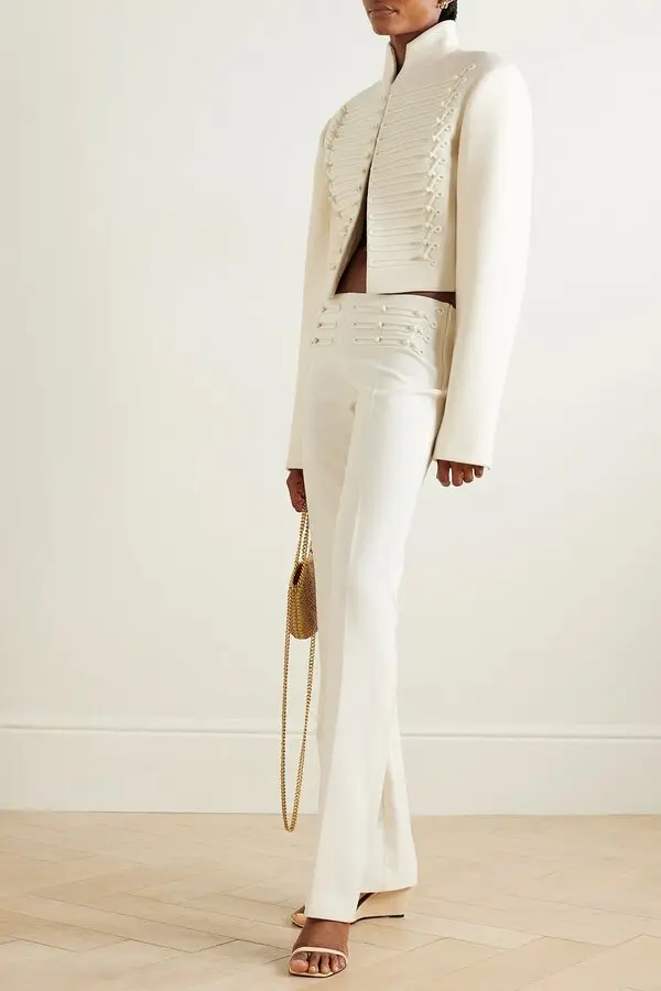 Stella McCartney Embroidered Button-embellished Grain De Poudre Wool Bootcut Trousers