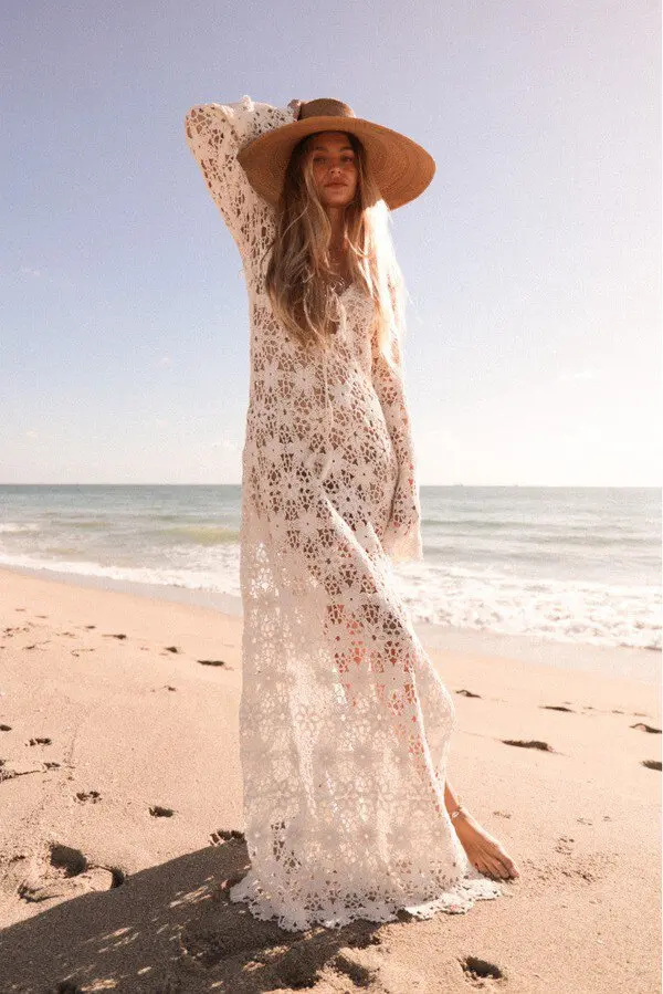fitted lace wedding dress OCEAN BREEZE CROCHET MAXI DRESS – AKIRA main image 1