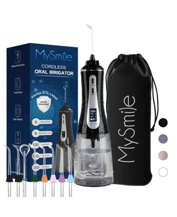 MYSMILE Powerful Cordless 350ml Water Dental Flosser Portable Oled Display Oral Irrigator With 5 Pressure Modes 8 Replaceable Jet Tips And Storage Bag - Black