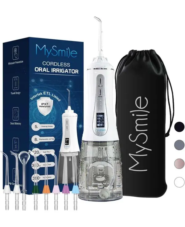 MYSMILE Powerful Cordless 350ml Water Dental Flosser Portable Oled Display Oral Irrigator With 5 Pressure Modes 8 Replaceable Jet Tips And Storage Bag - White
