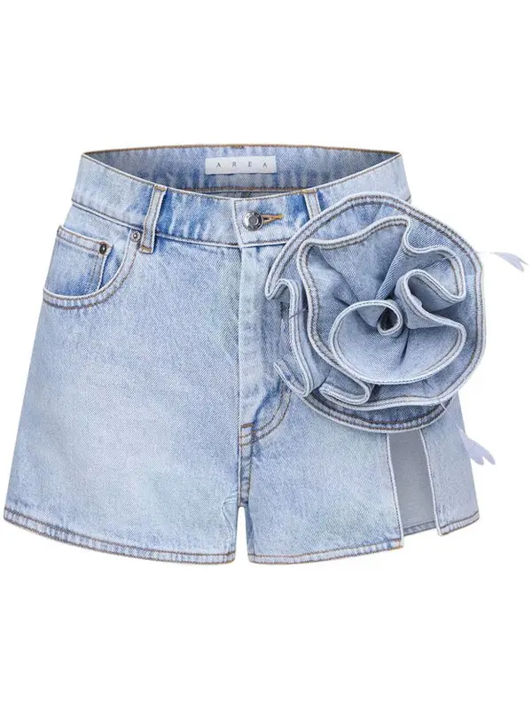 AREA Floral Appliqué Denim Shorts