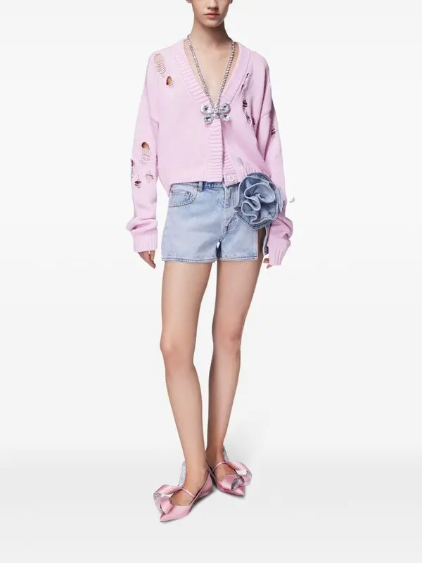 AREA Floral Appliqué Denim Shorts