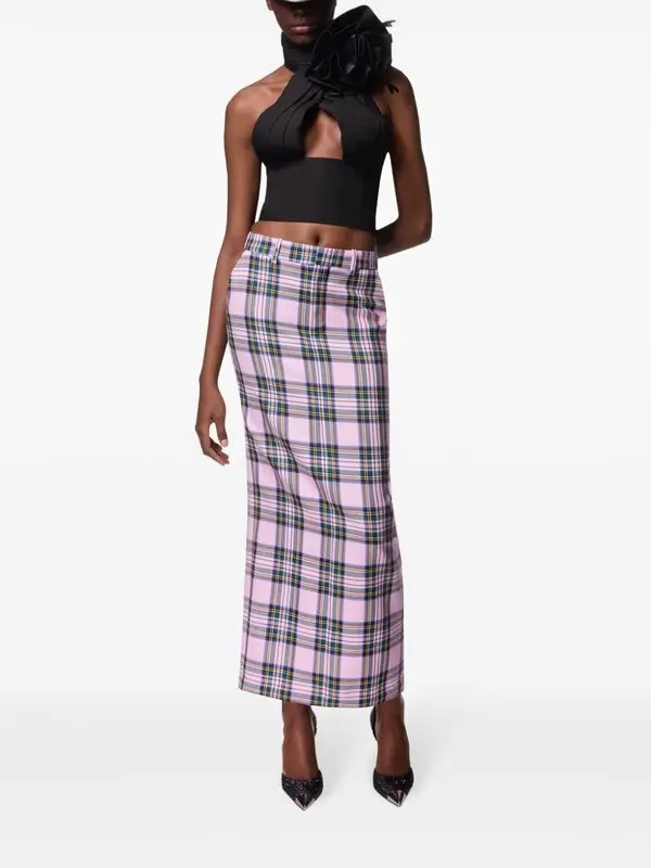 AREA Checked Wool Midi Skirt
