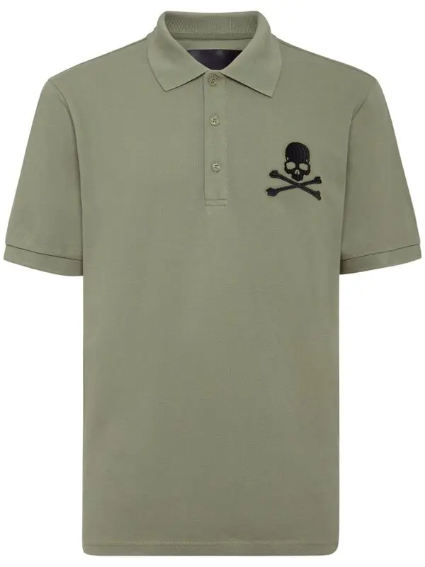 Philipp Plein Skull & Bones Embroidered Cotton Polo Shirt - Green