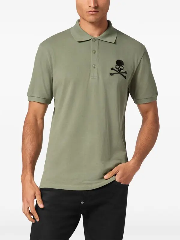 Philipp Plein Skull & Bones Embroidered Cotton Polo Shirt - Green