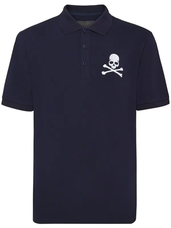 Philipp Plein Skull & Bones Embroidered Cotton Polo Shirt - Blue