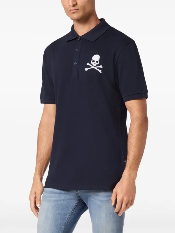Philipp Plein Skull & Bones Embroidered Cotton Polo Shirt - Blue