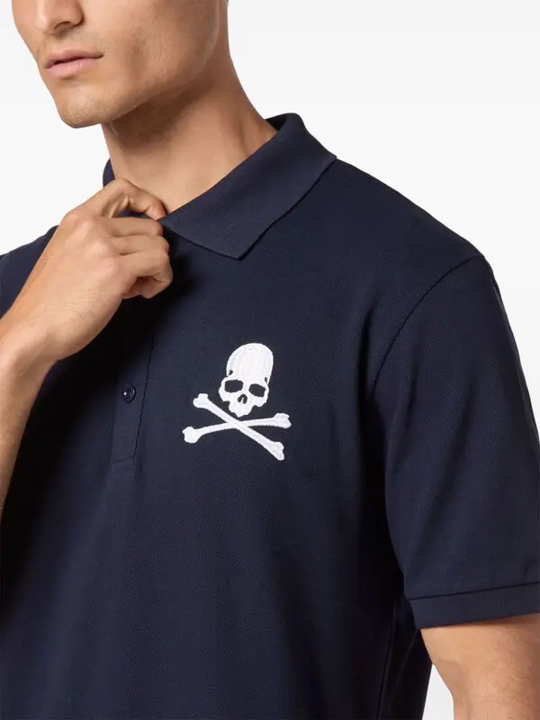 Philipp Plein Skull & Bones Embroidered Cotton Polo Shirt - Blue