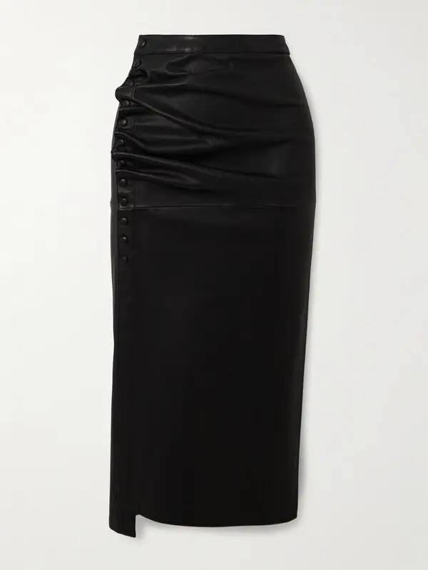Rabanne Gathered Leather Midi Skirt - Black