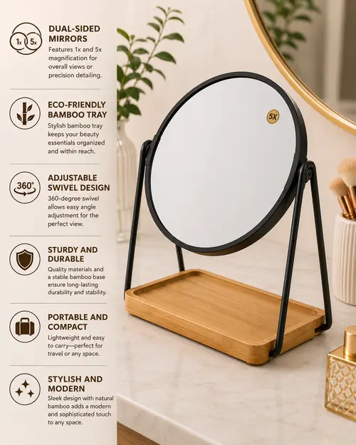 PURSONIC Dual Side Mirror With Wood Tray - Black