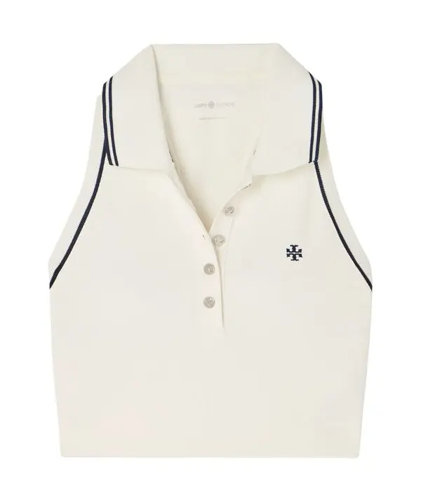 Tory Burch Embroidered Piqué Polo Tank - White