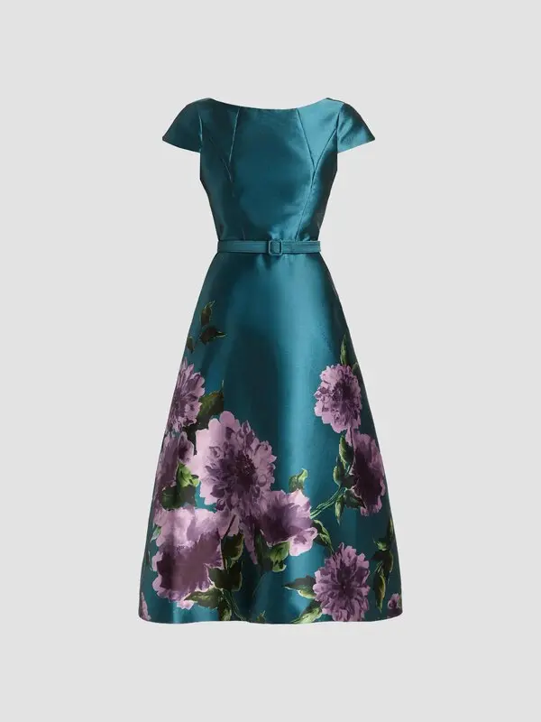 KAY UNGER Ina Peony Mikado Cocktail Dress - Teal Blue