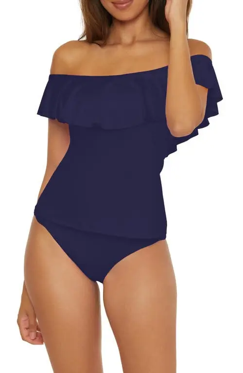 Trina Turk Monaco Ruffle Off-the-shoulder Tankini Top - Navy