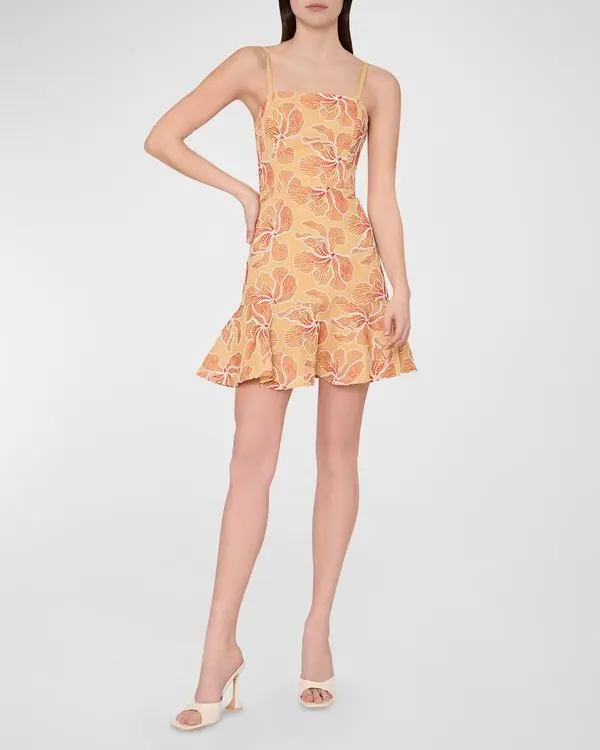 Milly Floral-Embroidered Flounce Mini Dress - Mango Multi | Editorialist