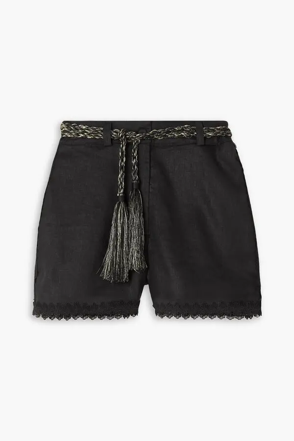 Waimari Pixie Belted Linen Shorts With Lace Trim