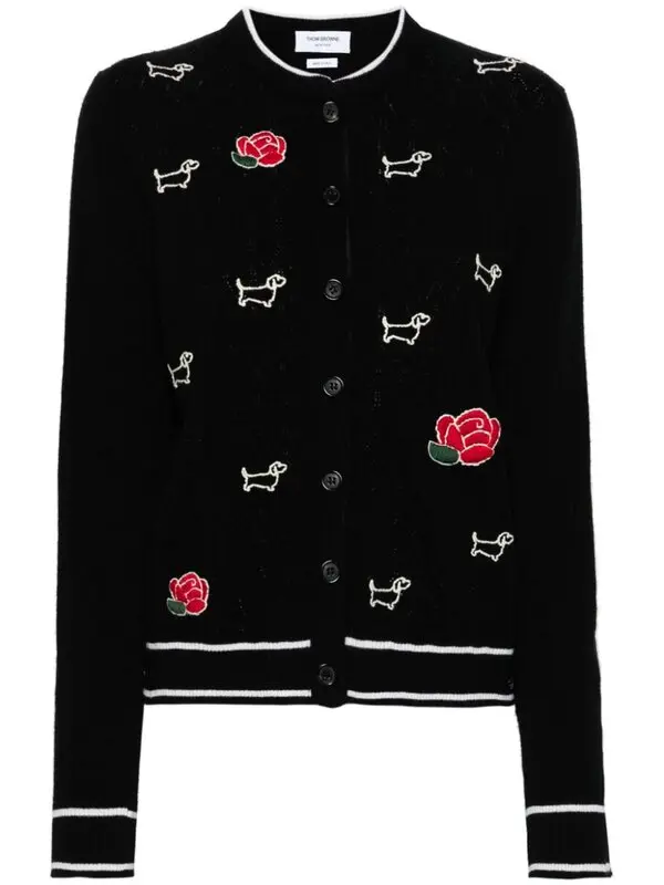 Thom Browne Hector And Rose Embroidered Wool Cardigan - Black