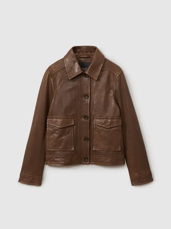 REISS Hanson Leather Trucker Jacket - Chocolate