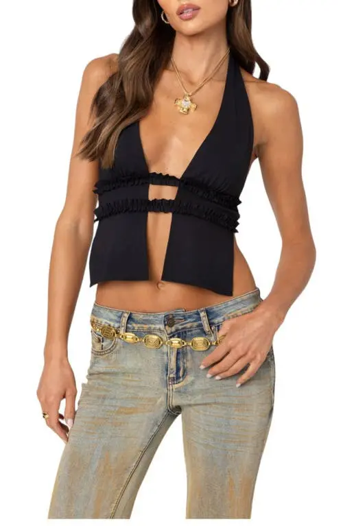 EDIKTED Luma Split Front Open Back Halter Top - Black
