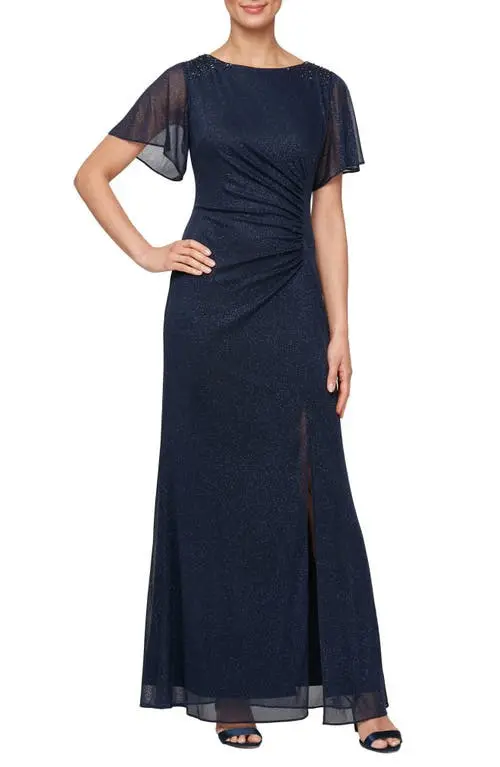 SL FASHIONS Sparkle Embellished Shoulder Gown - Navy